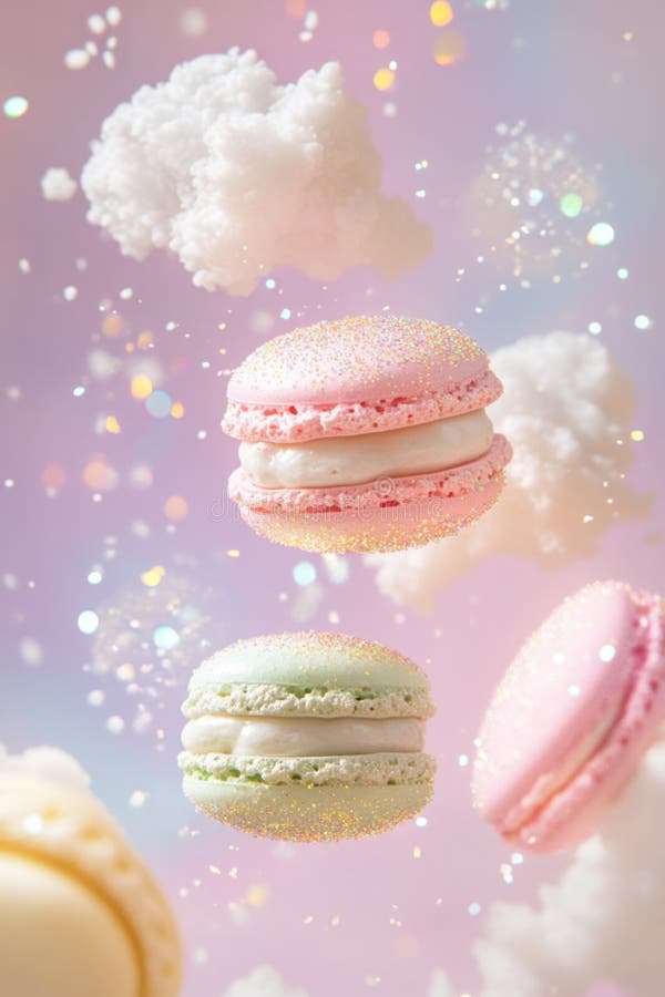 Macarons Stacked in a Dreamy Cotton Candy Cloud Scene with a Rainbow ...