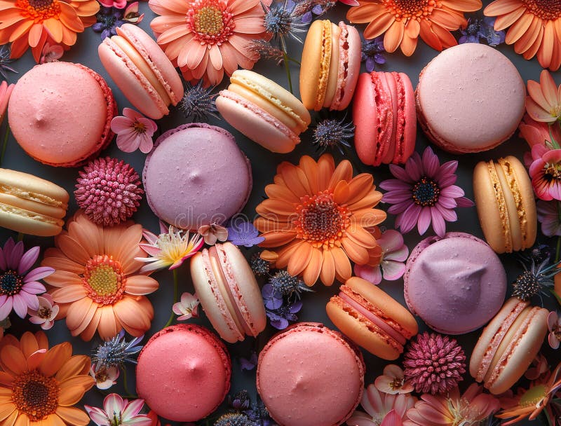 Macaroons and Flowers on Table. a Colorful Macaroons are Shown Sitting ...