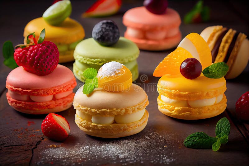 Macaroons Fruit Tarts with Cream in Pastry Shop Stock Illustration ...