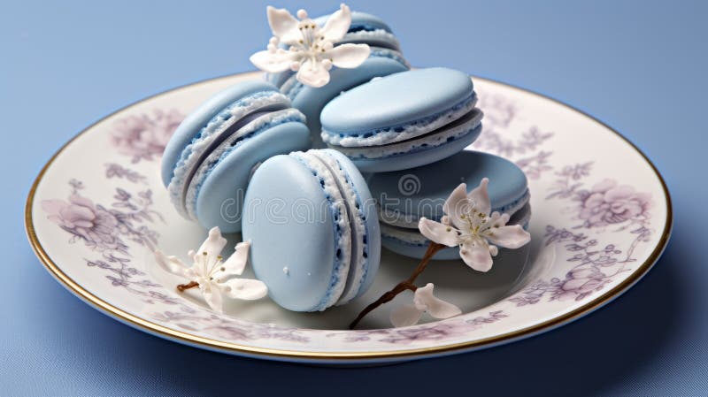 Hyperrealistic Blue and White Macarons with Sakura Flower Cake Stock ...