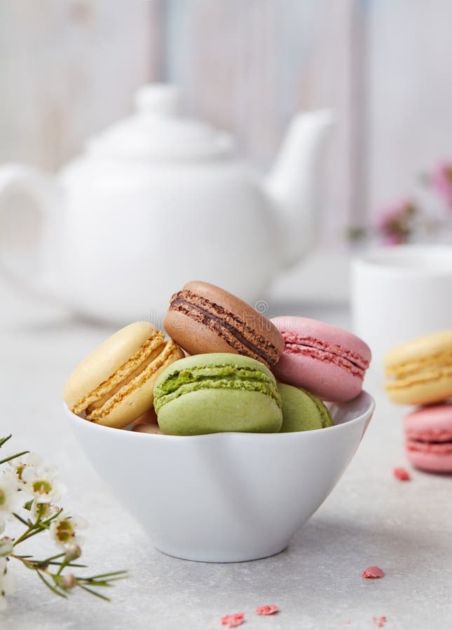 Macaroons and tea stock photo. Image of morning, cookie - 145219312