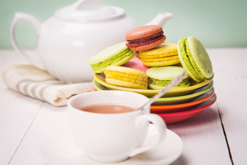Macaroons with tea stock photo. Image of macaroon, natural - 65348092