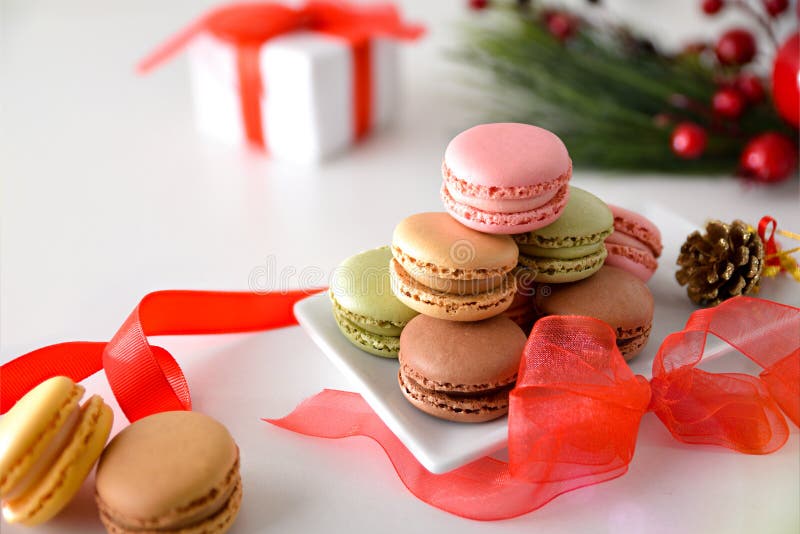 Macaroons of Various Flavors with Ribbon and Gift Elevated View Stock ...