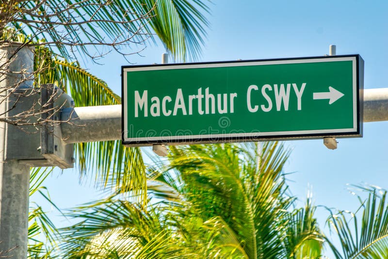 MacArthur Causeway Sign in South Beach, Miami Stock Photo - Image of ...