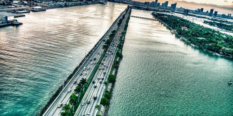 MacArthur Causeway at Sunset in Miami, View from Helicopter Stock Photo ...
