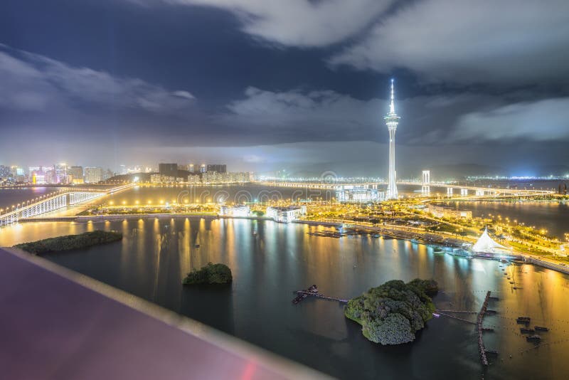 Macau Aerial Skyline at Night Stock Photo - Image of light, business ...