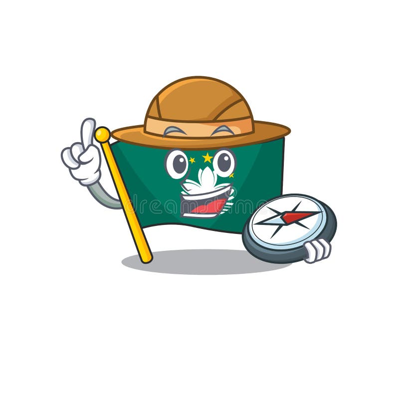 Macau-Cartoon-Charakter Mit Einer Explorer-Flagge Und Einem Kompass ...
