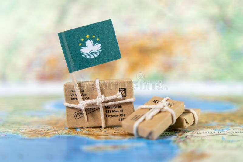 Macau Flag with Parcels on Map Highlighting Trade and Logistics ...
