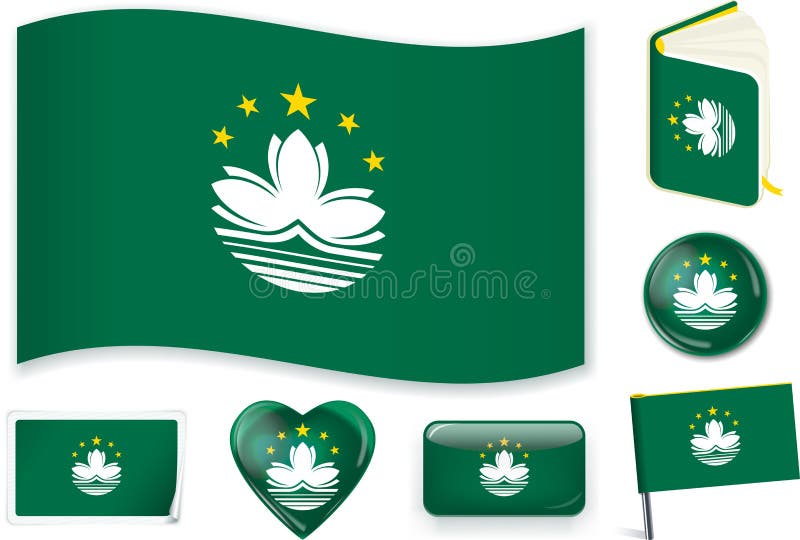 Macau Flag Wave, Book, Circle, Pin, Button, Heart and Sticker. Stock ...