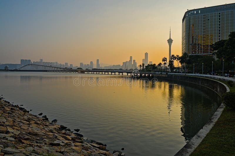 Macau Skyline at Sunset with Macau Tower Stock Image - Image of bridge ...