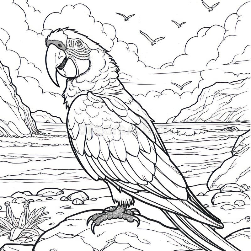 Macaw Bird Drawing Coloring Book Page Stock Illustration - Illustration ...