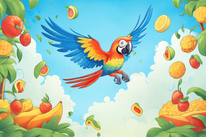 A Macaw Flying with Tropical Fruits in the Background Stock Image ...