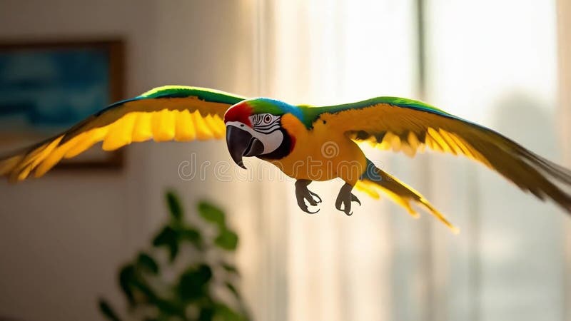 A Macaw Parrot in Flight, Spreading Its Wings, Moves Rapidly in the Air ...