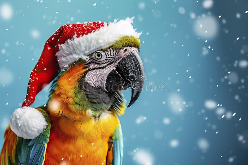 Macaw Parrot in Santa Hat on Blue Background with Snow Stock ...