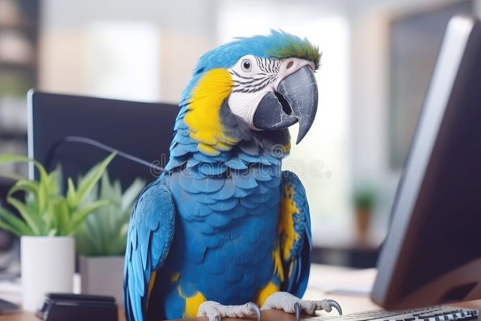 A Macaw Parrot Working at a Computer in the Office Stock Illustration ...