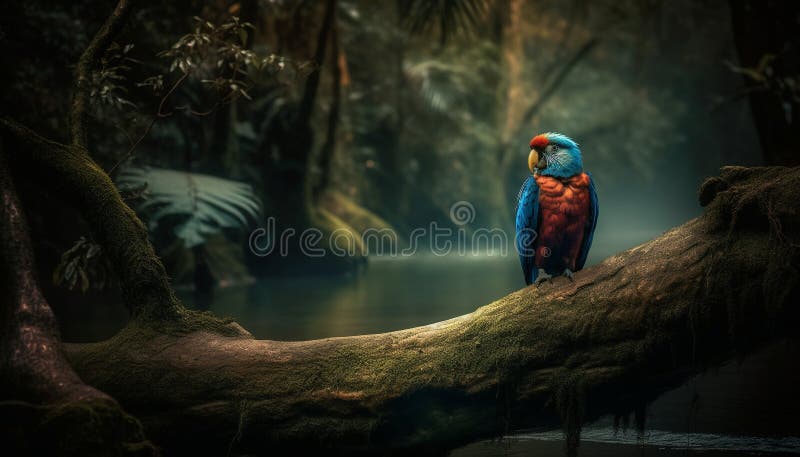 Macaw Perching on Wet Branch Generated by AI Stock Image - Image of ...