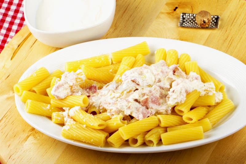 Maccheroni with Ham and Cheese Stock Image - Image of wooden ...