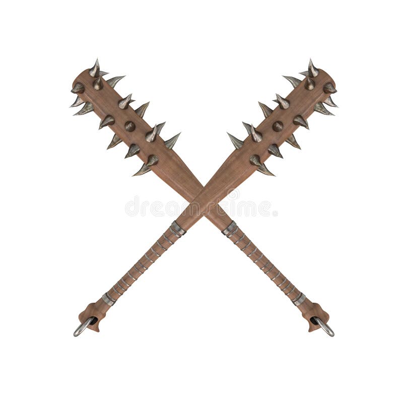 Mace Weapon of Wood with Metal Spikes and Wires on an Isolated White ...