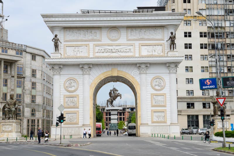 Macedonia Gate and Statue of Alexander the Great at Skopje on Macedonia ...