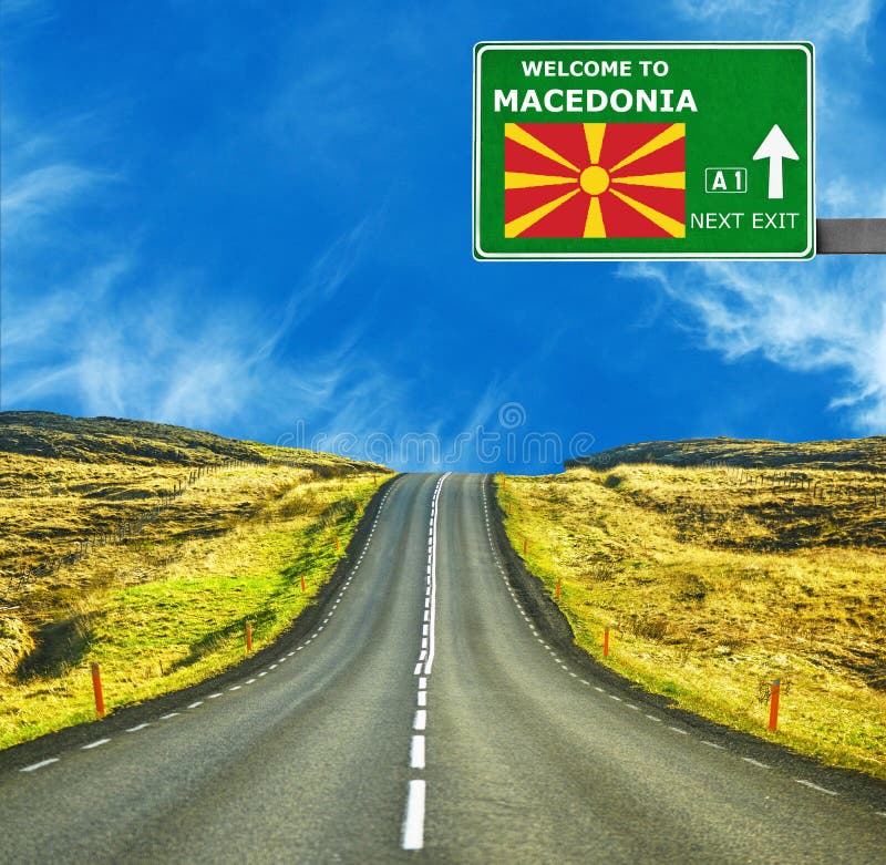 Macedonia Road Sign Against Clear Blue Sky Stock Photo - Image of ...