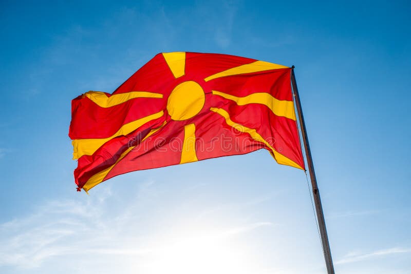 Macedonian Flag on the Sky Background Stock Photo - Image of flag ...