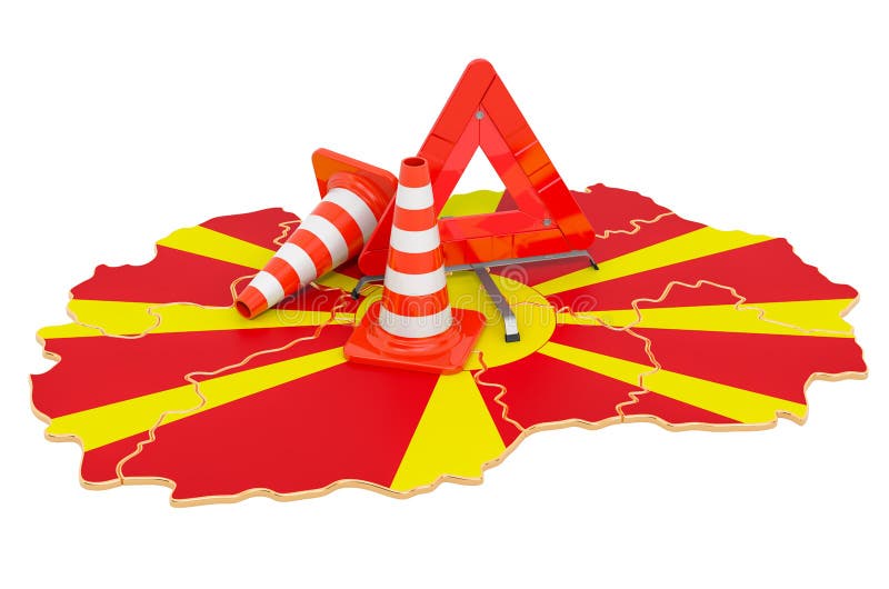 Macedonian Map with Traffic Cones and Warning Triangle, 3D Rendering ...