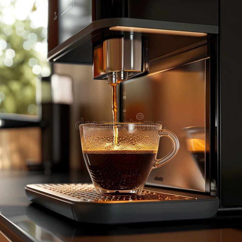 Machine Brews Fresh Coffee in a Cozy Kitchen Setting during the Morning ...
