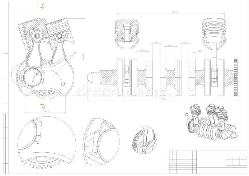 Machine Building Drawing. Engine Car on a White Stock Vector ...