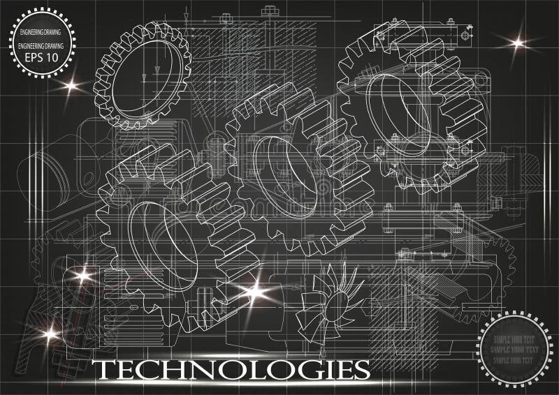 Machine-building Drawings on a Black Background, Wheels. Stock Vector ...