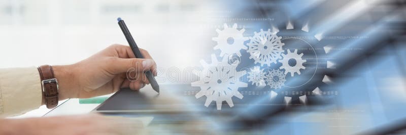 Machine Cogs Over a Woman Using Graphics Tablet, Technology and ...