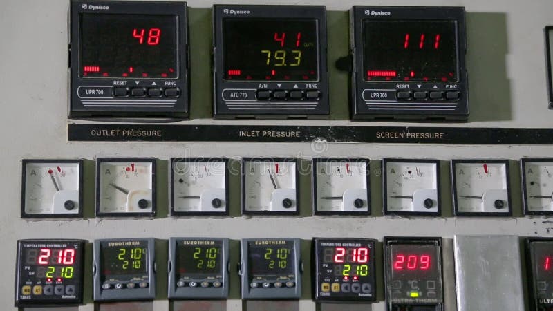 Industrial Machine Control Panel Close-up with Gauges Stock Footage ...