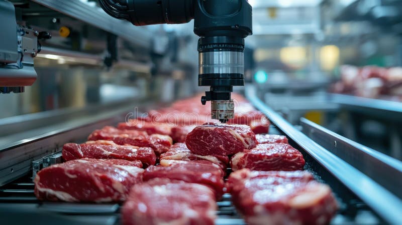 Machine Cutting Meat on a Conveyor Belt in a Processing Facility Stock ...