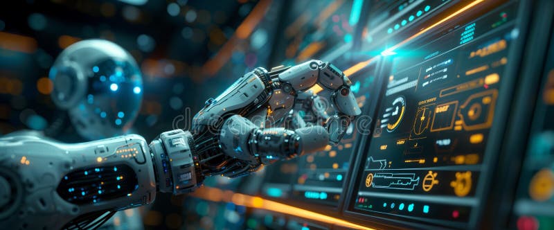 A Machine in Electric Blue is Pressing a Button on a Computer Screen ...