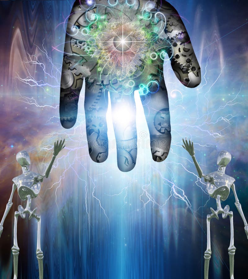 Machine God. Human Palm and Cog Wheels Stock Illustration ...