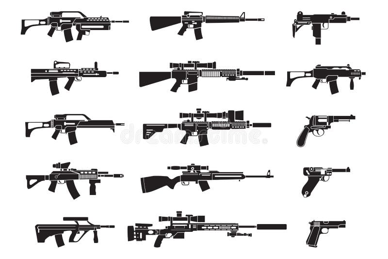 Machine Gun and Handgun, Rifle Pistol Icons Stock Vector - Illustration ...