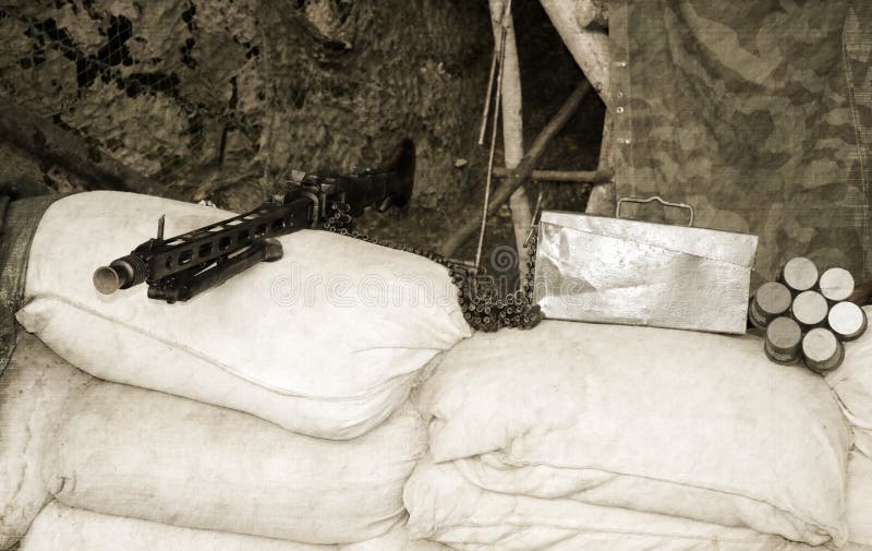 Machine gun post stock photo. Image of mg42, tumult, ammunition - 30551656