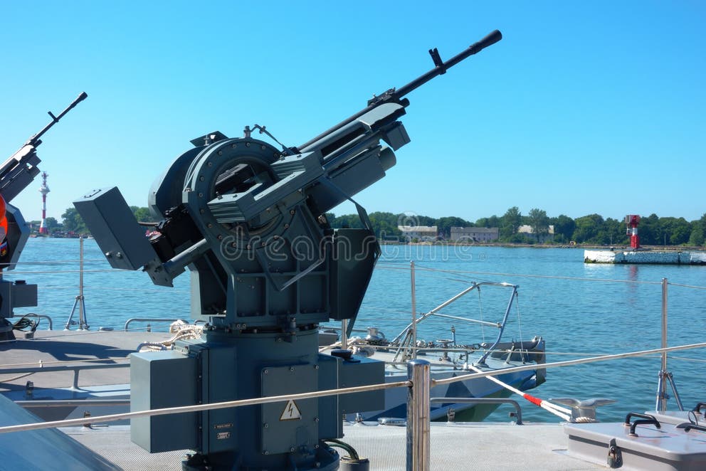 Machine gun on the warship stock image. Image of large - 98565071