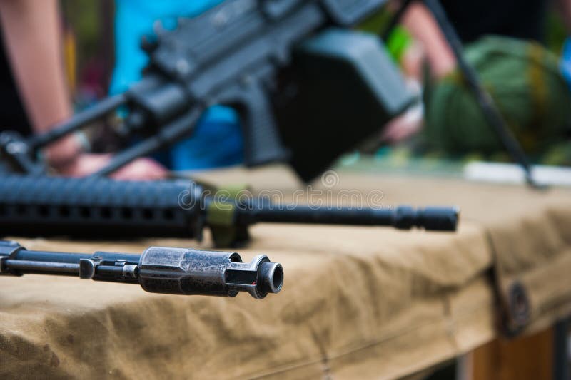 Machine Guns with Ammunition on the Table Stock Photo - Image of army ...