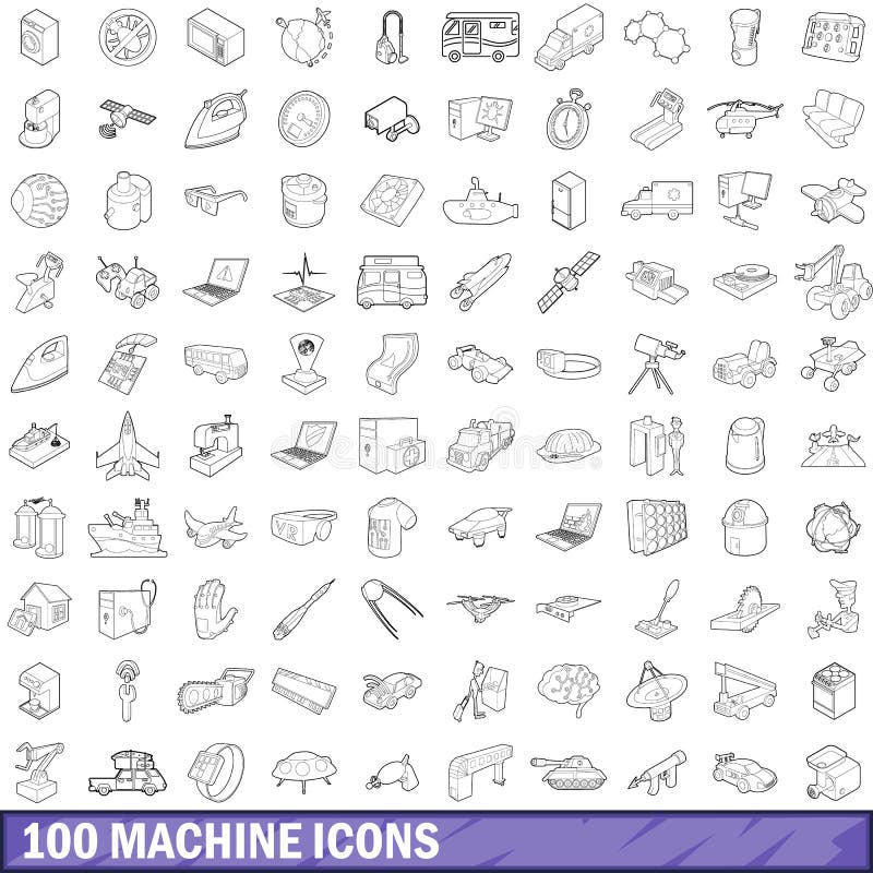 100 Machine Icons Set, Outline Style Stock Vector - Illustration of ...
