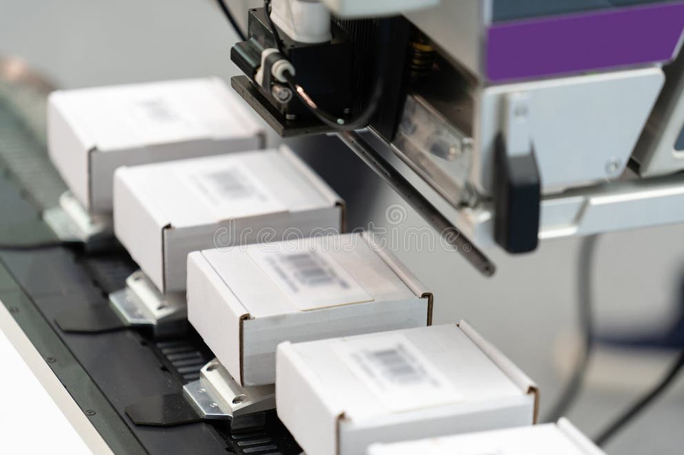 Machine for Labeling Barcodes on Boxes. Stock Image - Image of label ...