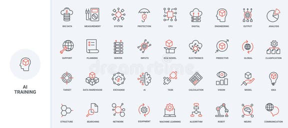 Machine Learning, AI and Neural Network Model Training, Algorithms Line Icon Set Stock Vector ...