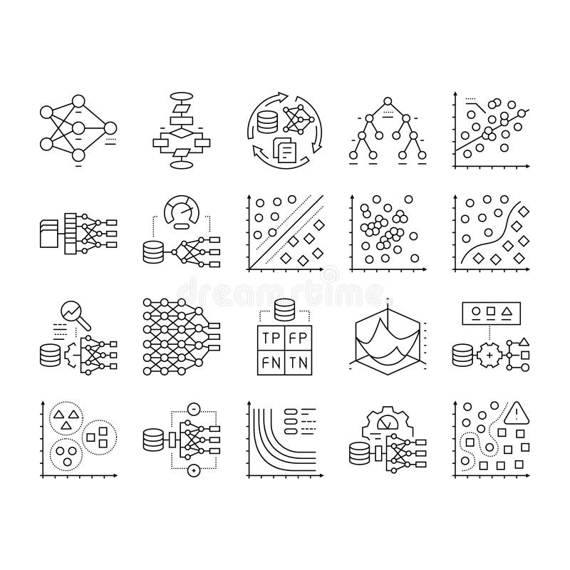 Machine Learning Algorithm Model Icons Set Vector Stock Illustration ...