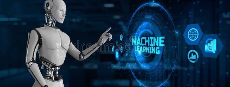 Machine Learning AI Artificial Intelligence Technology Concept. Robot Hand Pressing Button on ...