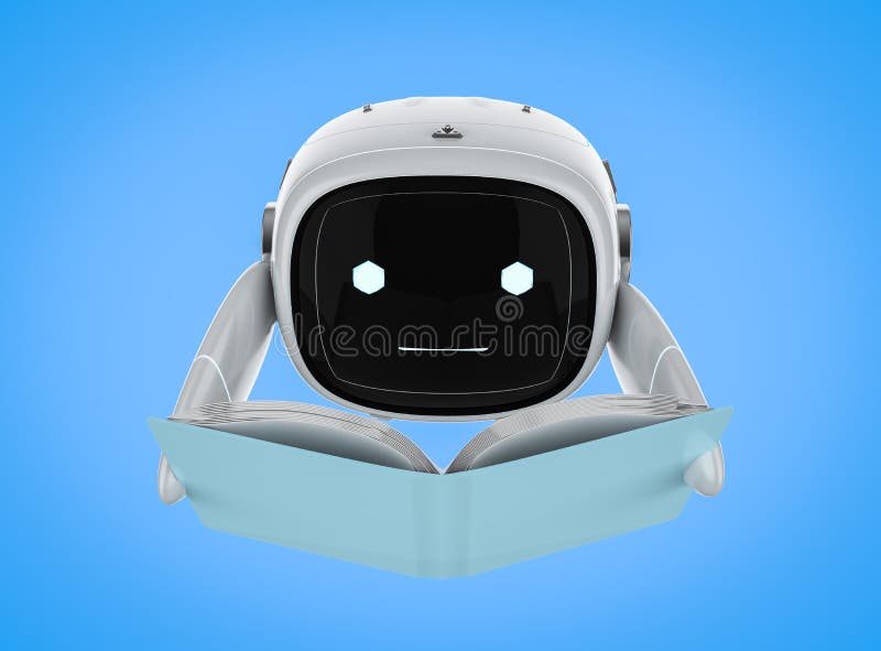 Machine Learning Concept With Friendly Robot Reading A Book Stock