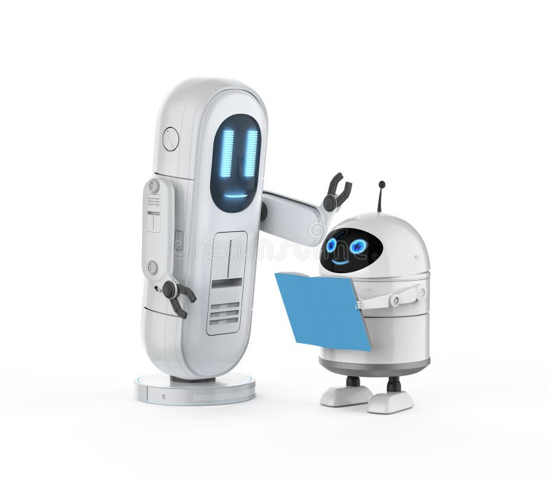 Machine Learning Concept With Friendly Robot Reading A Book Stock