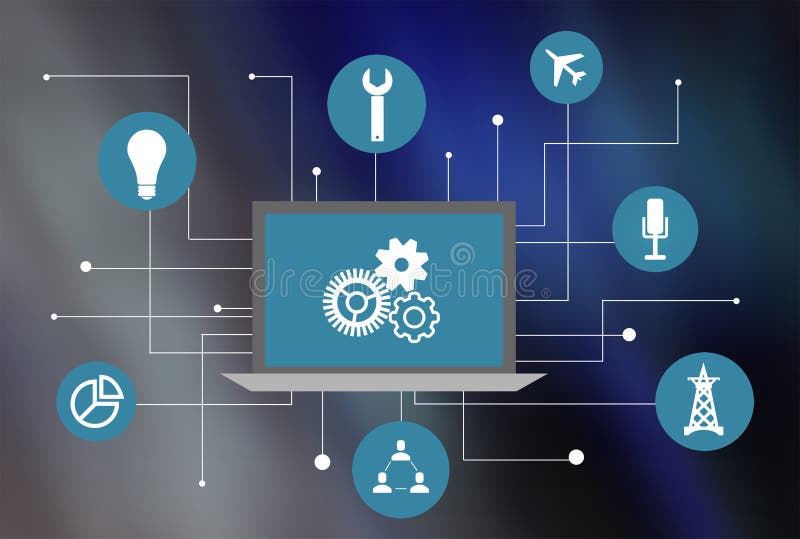 Machine Learning. Illustration of Laptop with Linked Icons Stock ...