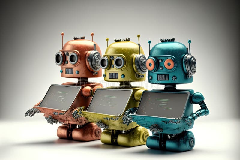 Machine Learning Concept with Retro Robots at a Laptop Computer ...