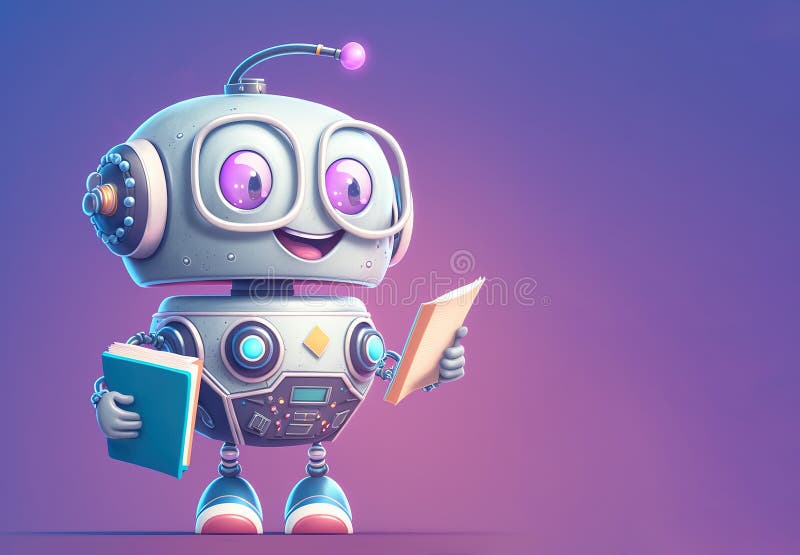 Machine Learning Concept, Robot Holding Books Over Blue Background with ... Machine Learning Concept, Robot Holding Books Over Blue Background with ...