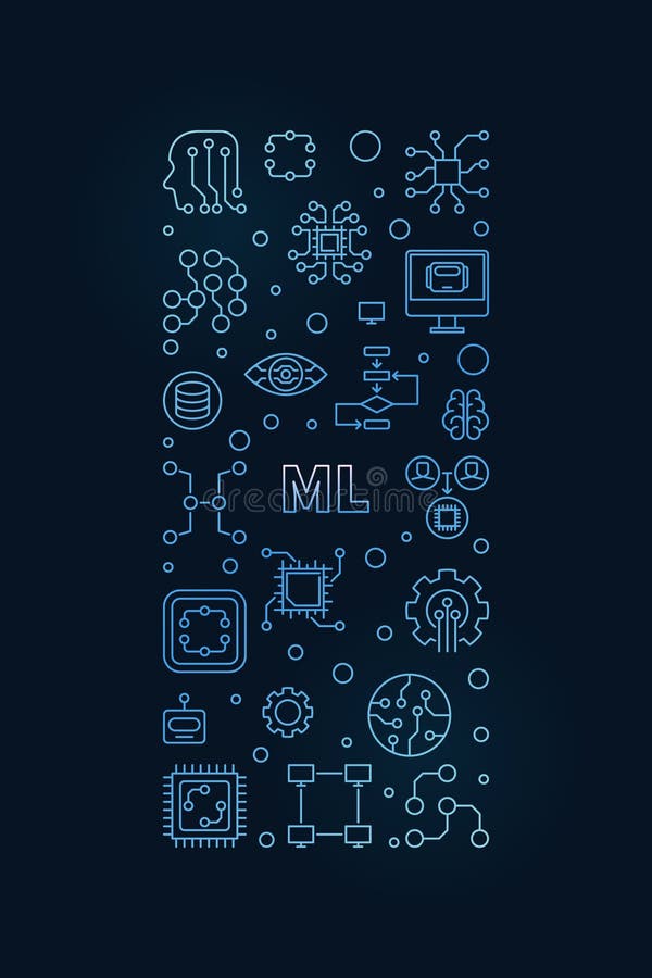 Machine Learning Concept Vector Outline Blue Vertical Banner. ML ...