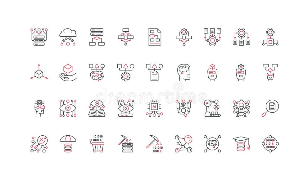Machine Learning, Digital Algorithm System, Data Automation, Classification Line Icon Set Stock ...
